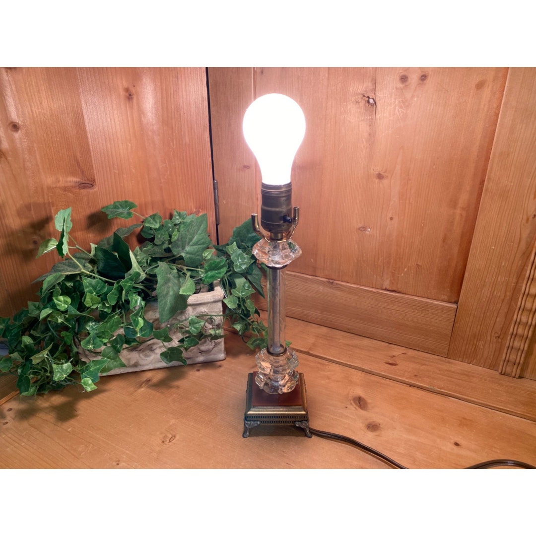 Antique Etched Floral Glass and Metal Stick Lamp on Pedestal Base ...