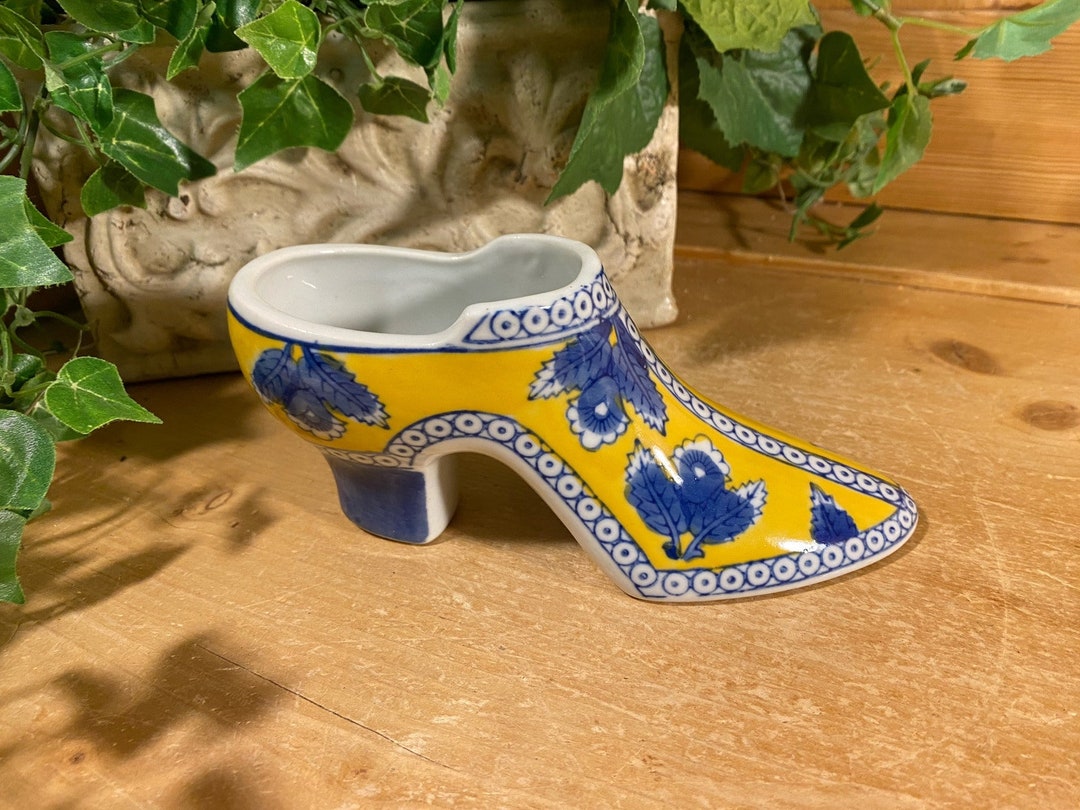 Vintage Yellow + Blue Floral Porcelain Shoe Figurine | Seymour Mann ...