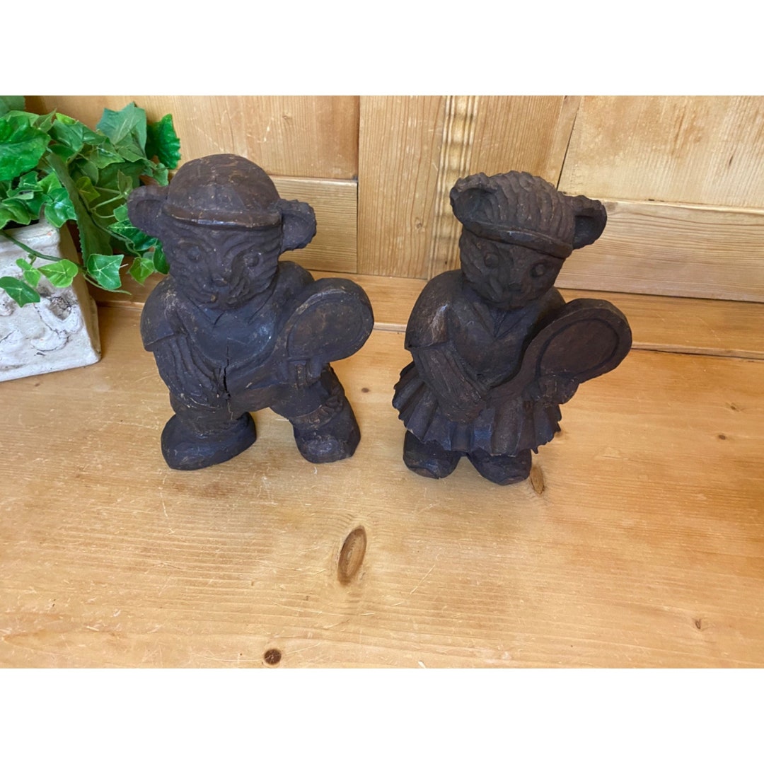 Vintage Carved Wooden Teddy Bears Playing Tennis - Set of Two | Wood ...