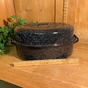 Vintage Black Speckled Enamel Roasting Pan With Cover | Large ...