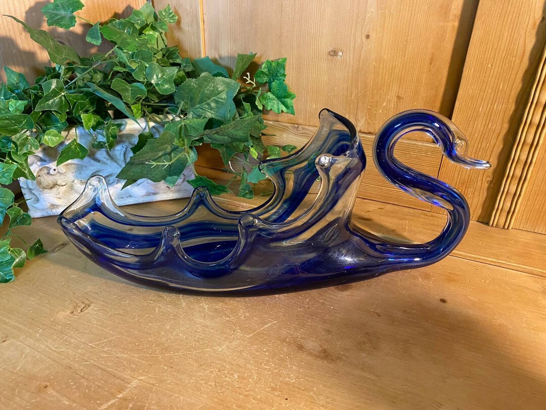 Vintage Cobalt Blue + Clear Art Glass Swan Figure | Cottagecore Table ...