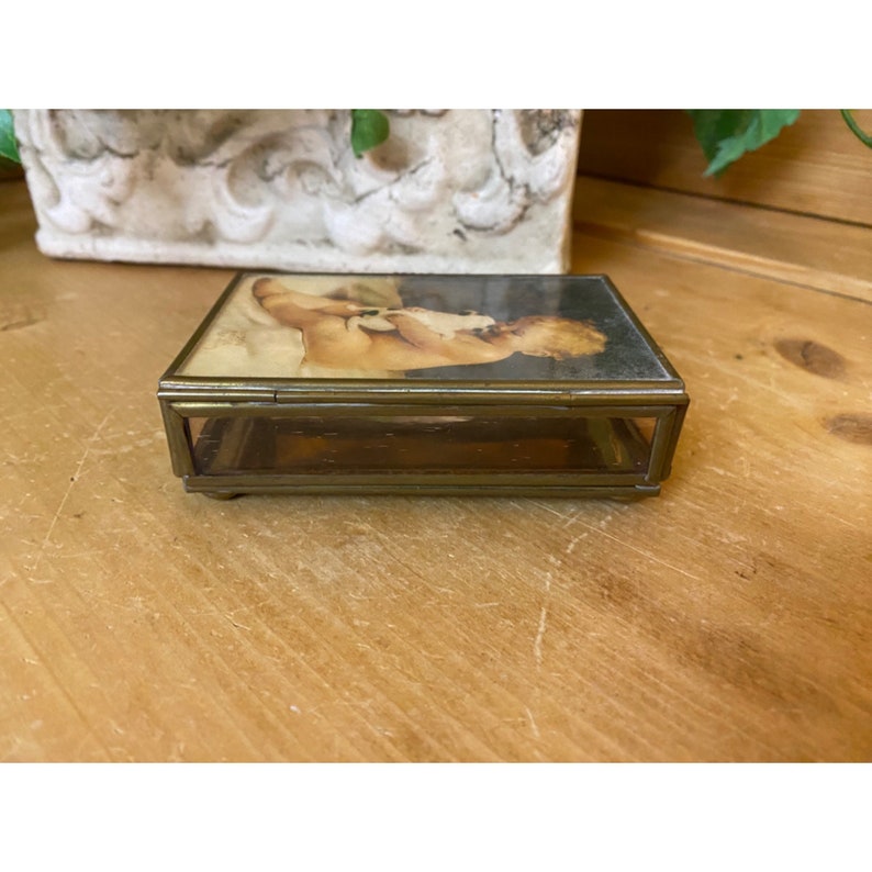Vintage Stained Glass Trinket Box | Photo of Baby and Puppy Dog ...
