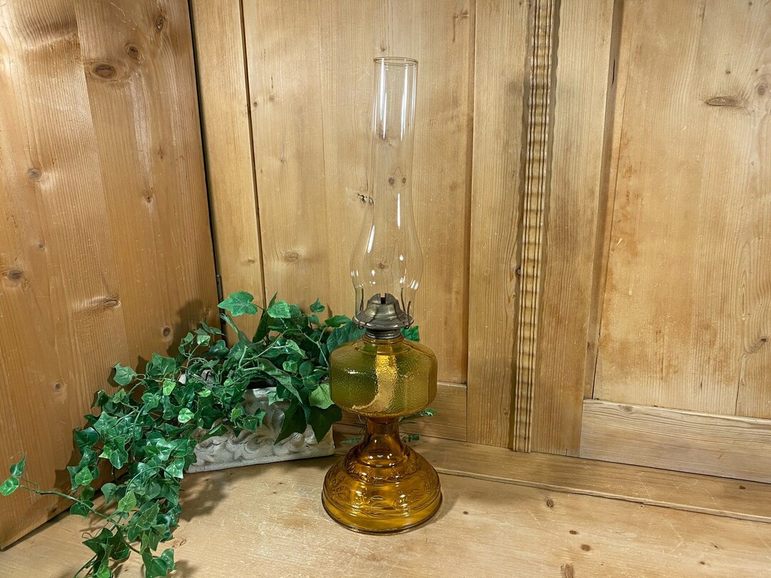 Vintage Amber Glass Oil Lamp Yellow Brown Glass Hurricane Kerosene Oil ...