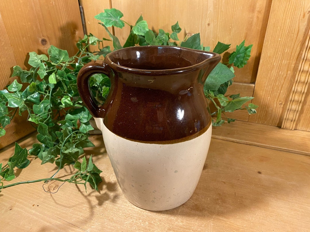 Vintage Rustic Stoneware Pitcher Brown Tan Pottery Pitcher Primitive ...