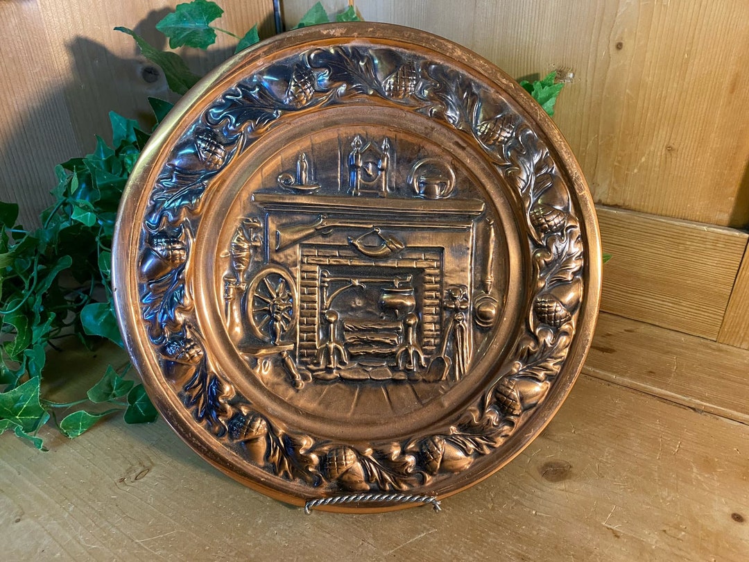 Vintage Copper Peerage Plate: Living Room Scene With Fireplace | Metal ...