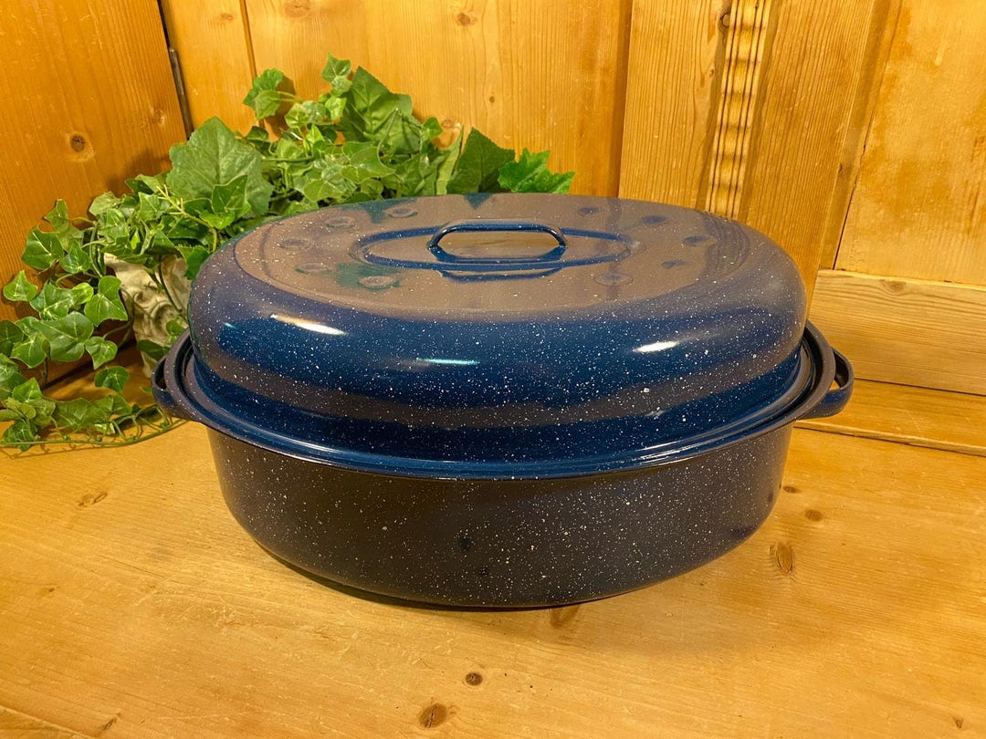 Vintage Large Blue Speckled Enamelware Roasting Pan | Enamel Roaster ...