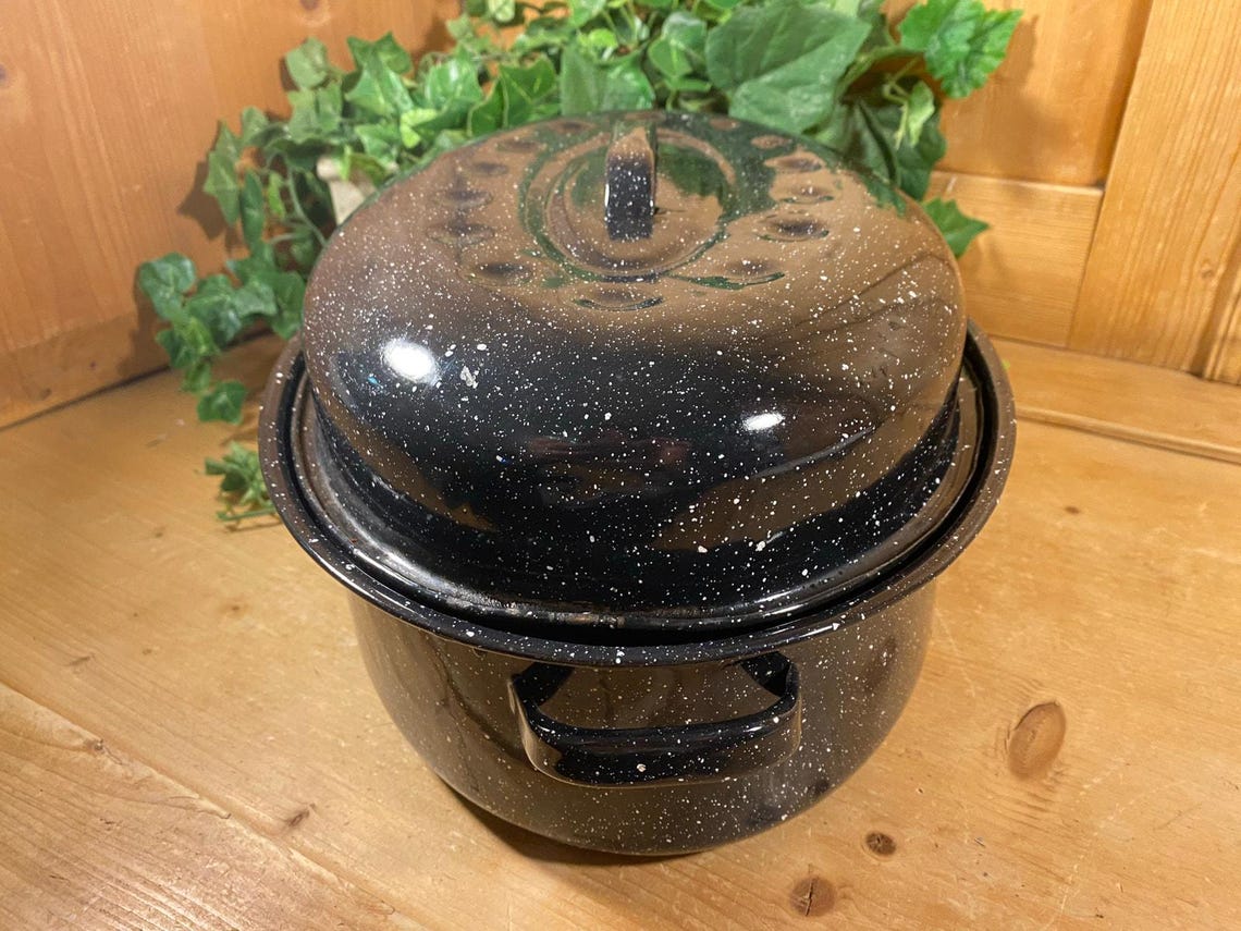Vintage Speckled Black Enamel Roasting Pan | Enamelware Roaster ...