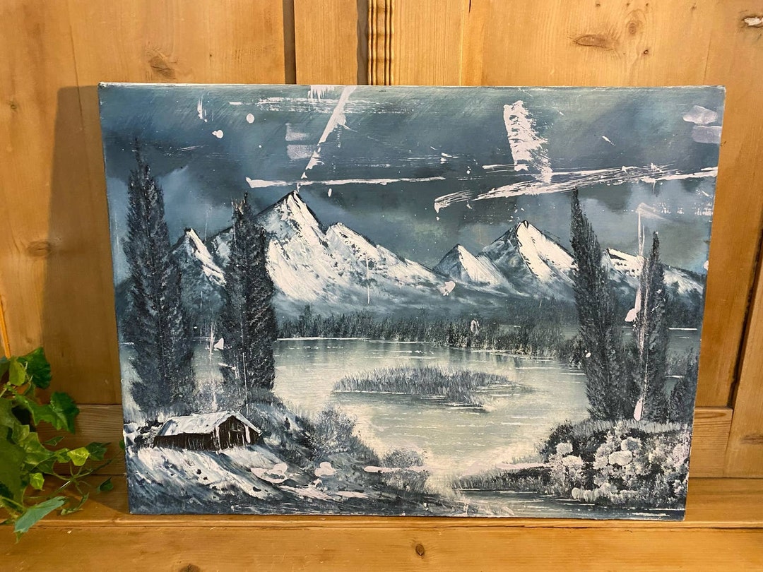 Vintage Original Artwork - Winter Lakeside Cabin Painting on Canvas ...