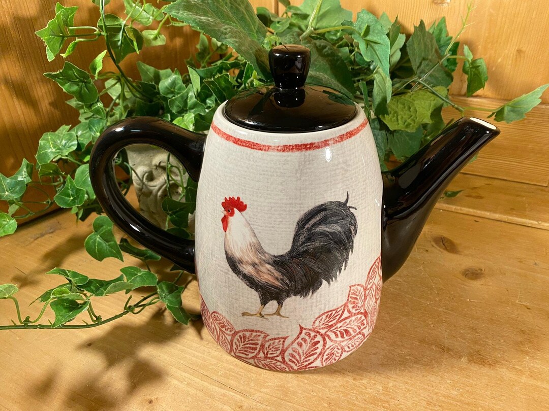 Vintage Ceramic Rooster Coffee Pot With Black Trim Cracker Barrel White ...