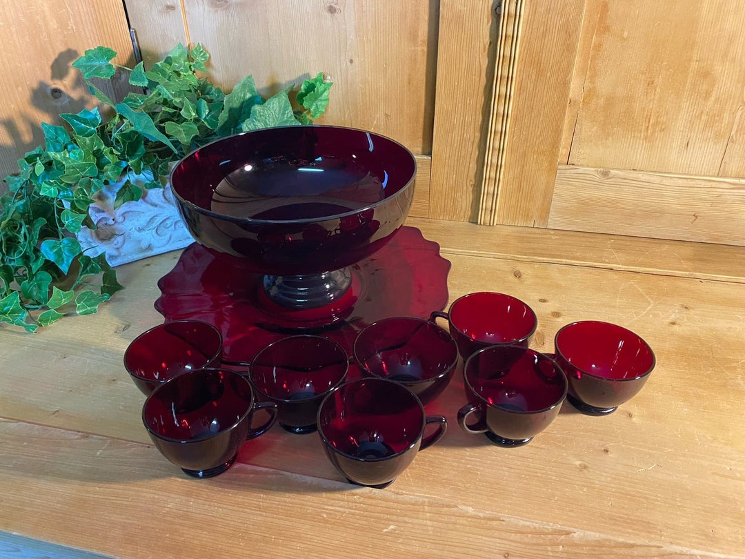Vintage Ruby Glass Punch Bowl , Platter and 8 Cups Red Glass Serving ...