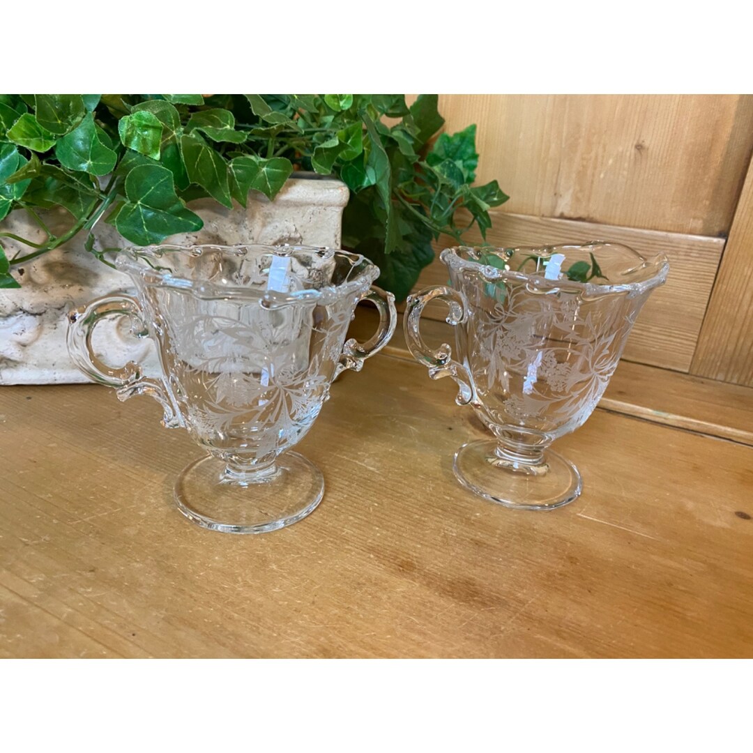 Vintage Clear Etched Glass Cream + Sugar - Set of 2 | Fostoria | Floral ...