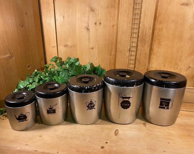 Vintage Tin Canisters With Black Covers Set of 5 West Bend Midcentury ...