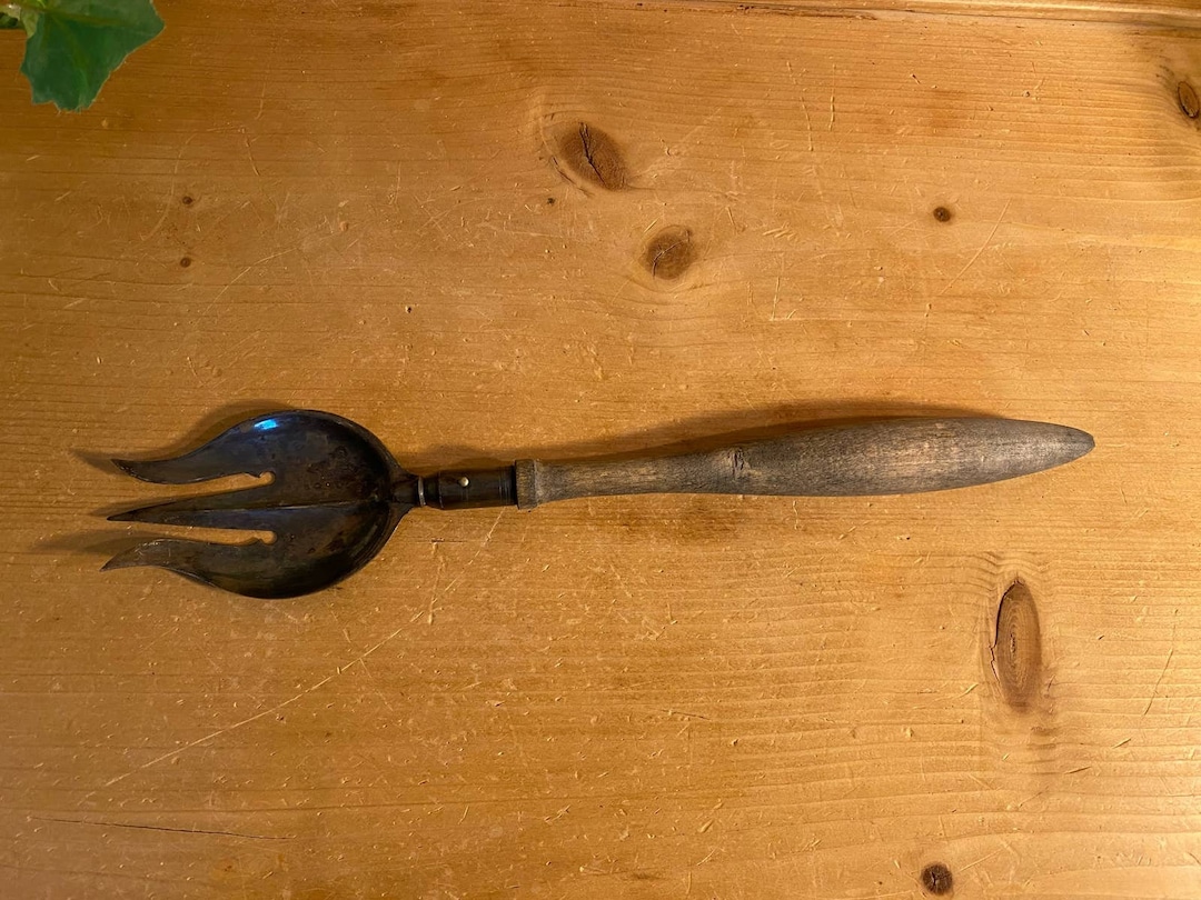 Vintage Nickel Silver & Wood Serving Fork | Primitive Serving Utensil ...