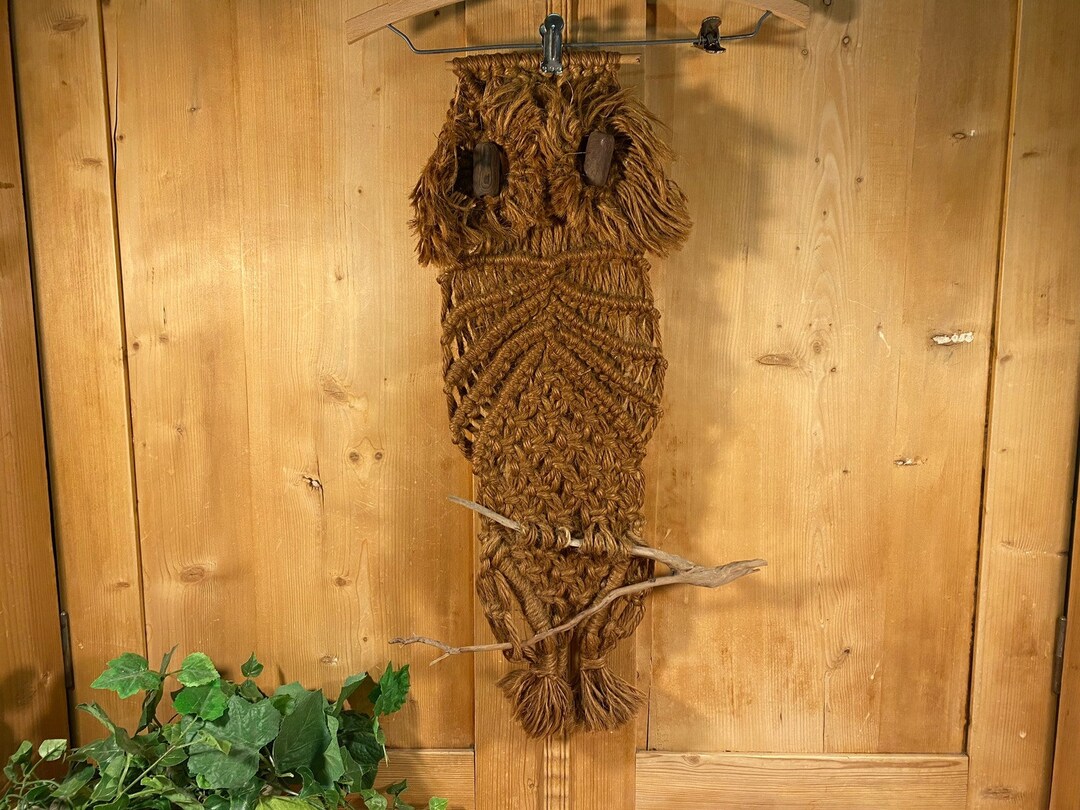 Vintage Macrame Owl Wall Hanging | 1970s Wall Decor | Woven Jute Owl ...