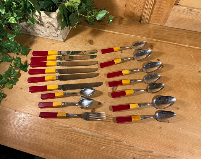 Vintage Bakelite Two-tone Flatware Set | Butterscotch + Cherry Bakelite ...