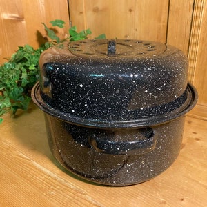 Vintage Black Speckled Enamel Roasting Pan With Cover | Large ...