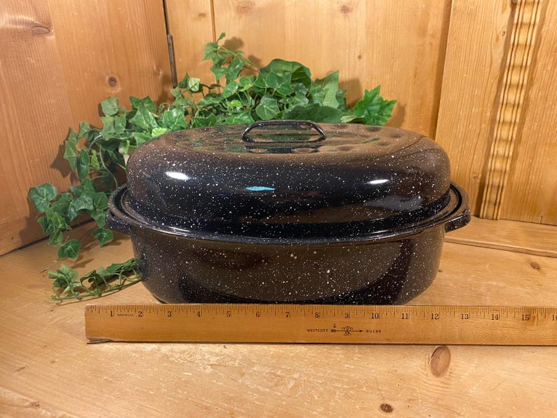 Vintage Speckled Black Enamel Roasting Pan | Enamelware Roaster ...
