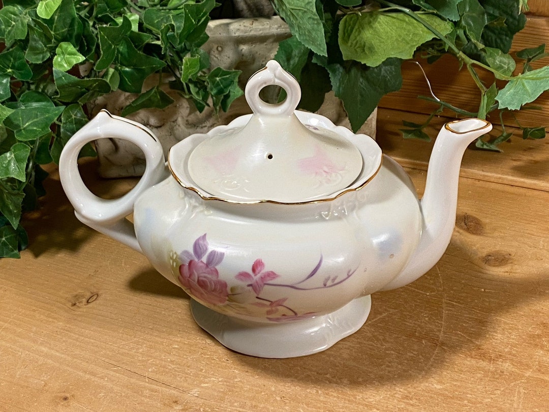 Vintage Pink Floral China Teapot Music Box works Plays Memories White ...