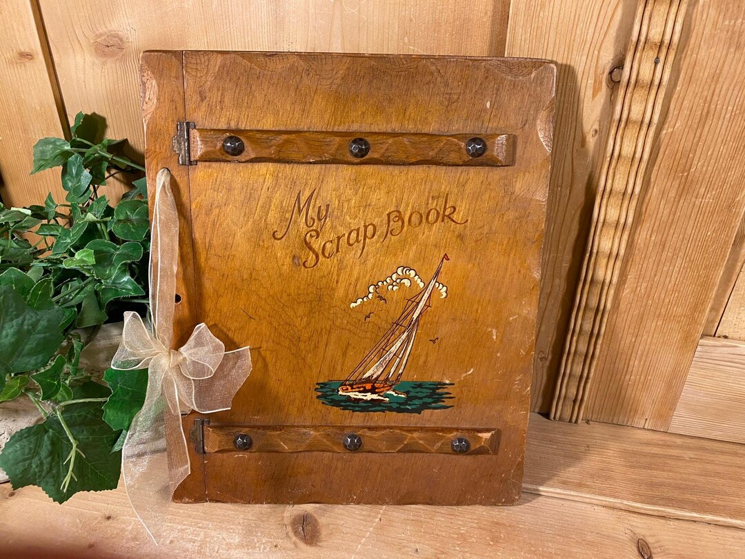 Vintage Wooden Cover Scrapbook With Sailboat | Woodburned "my Scrapbook ...