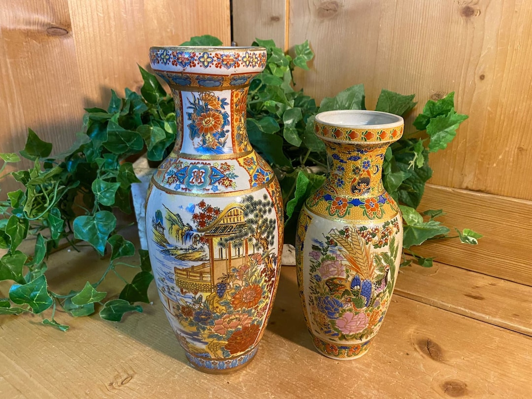 Vintage Asian Porcelain Vases With Raised Paint - Set of Two | Floral ...