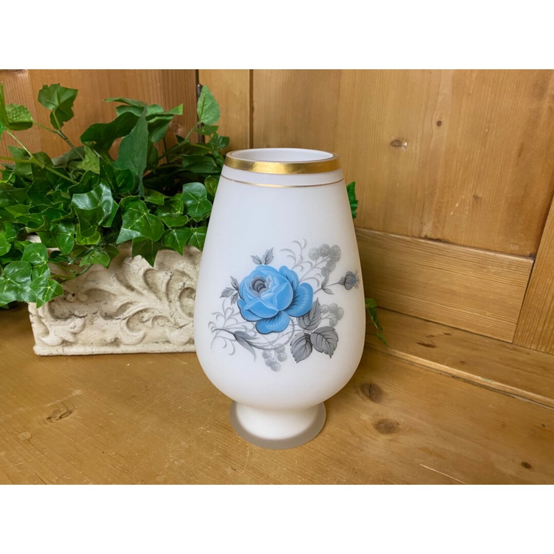Blue Floral Cased Glass Vase | Cottagecore | White Frosted Glass With ...