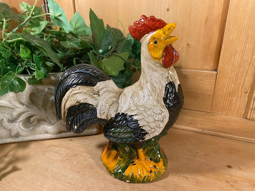 Vintage Ceramic Rooster Figurine Dark Blue, Yellow, White Chickens ...