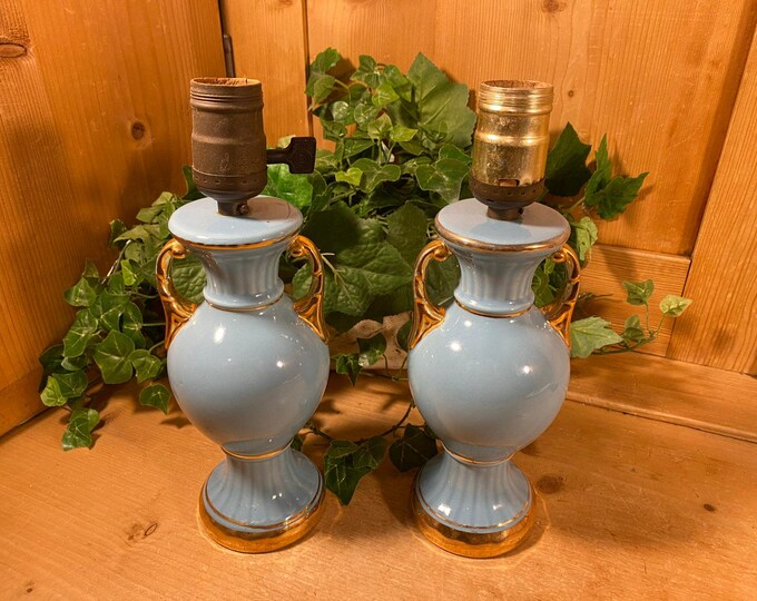Vintage Blue Ceramic Table Lamp Bases With Gold Trim (no Cords) - Set ...