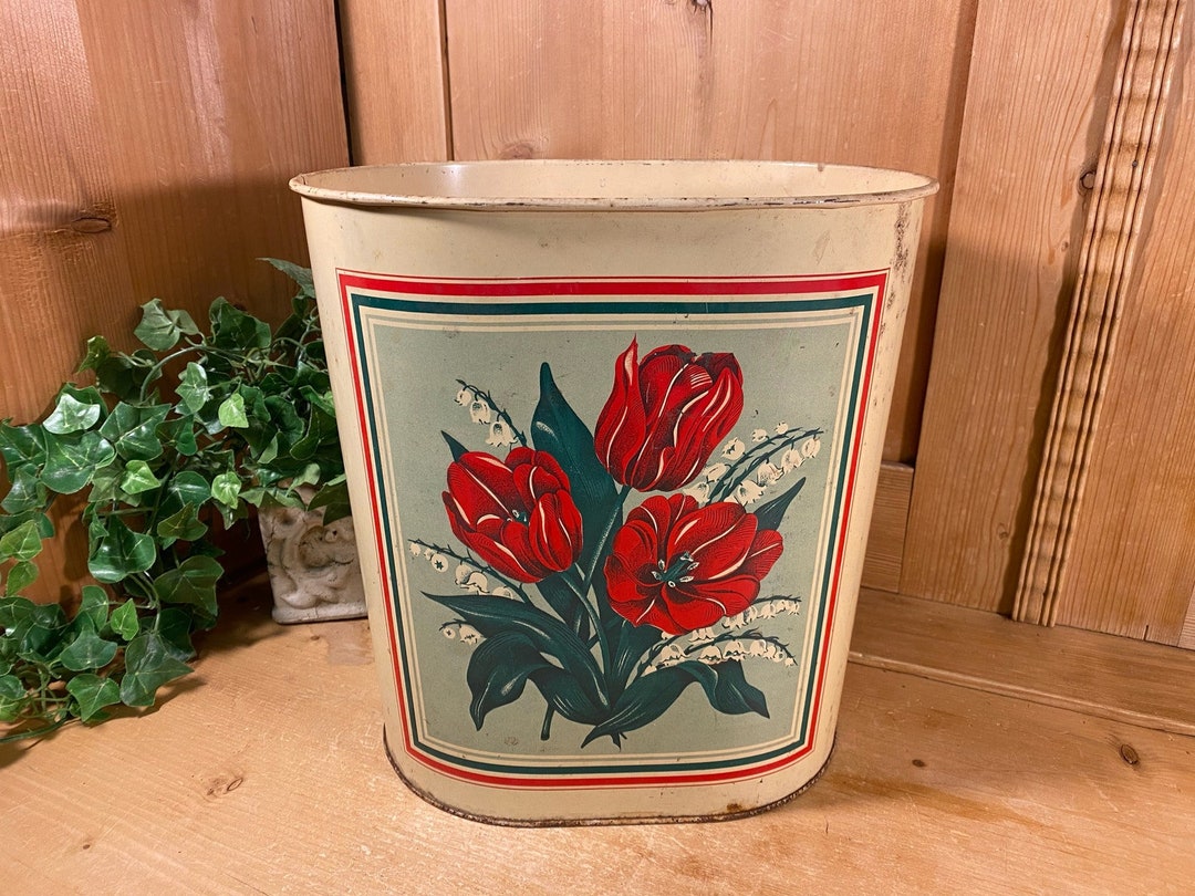 Vintage Red Floral Oval Metal Trash Can Red Tulips Lilies of the Valley ...