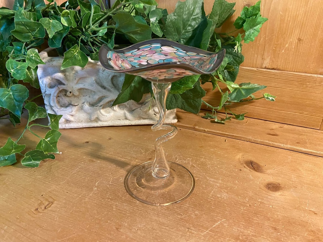 Vintage Signed Glass Art | Colorful Pastel Blown Glass Pedestal Bowl ...