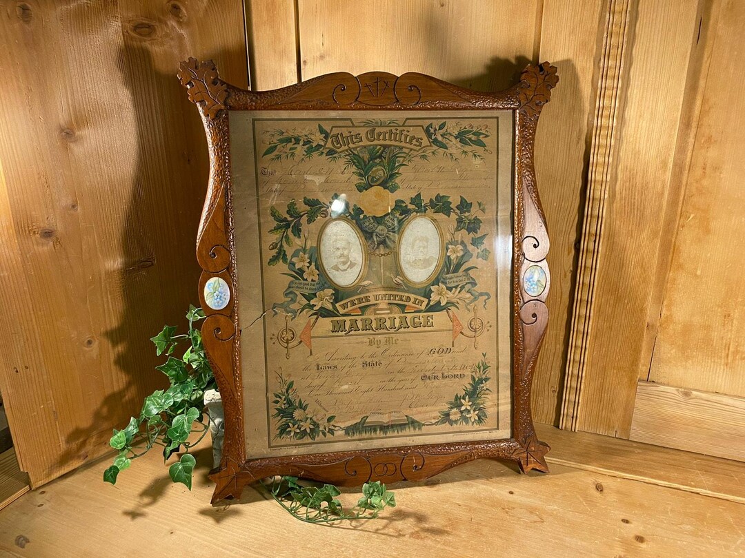 Antique Marriage Certificate in Carved Wooden Frame | Ornate 1893 ...