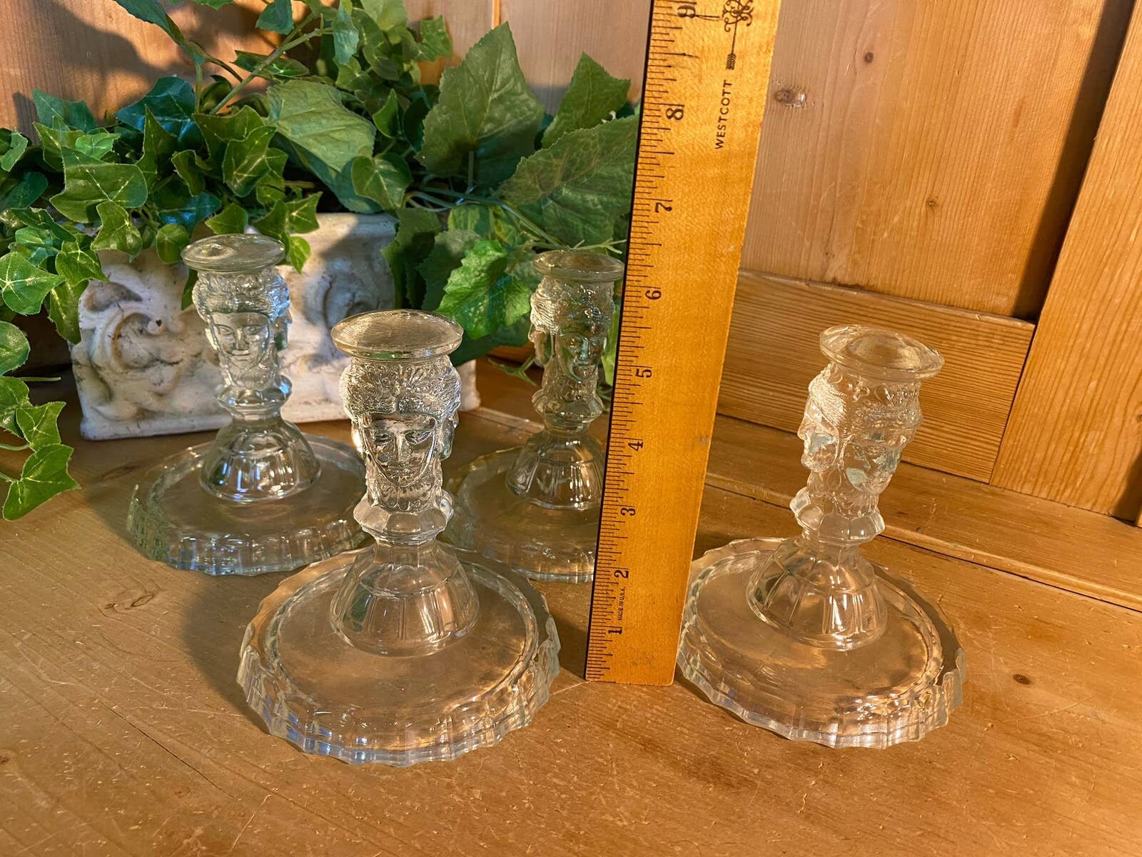 Vintage Clear Glass Figurine Stands With Three Faces - Set of Four ...