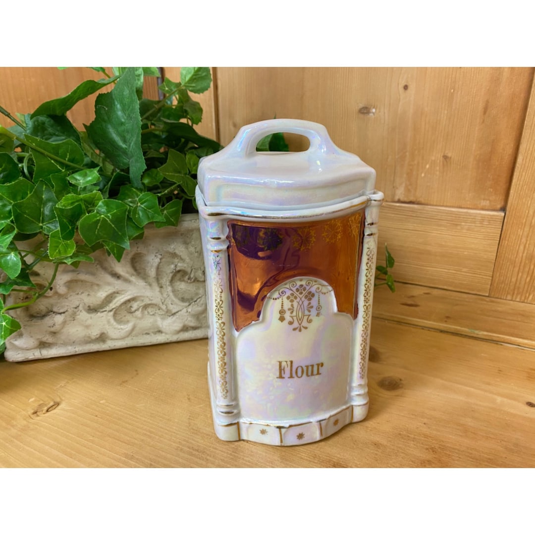 Vintage White Block Germany Lusterware Flour Canister | Shabby Chic ...