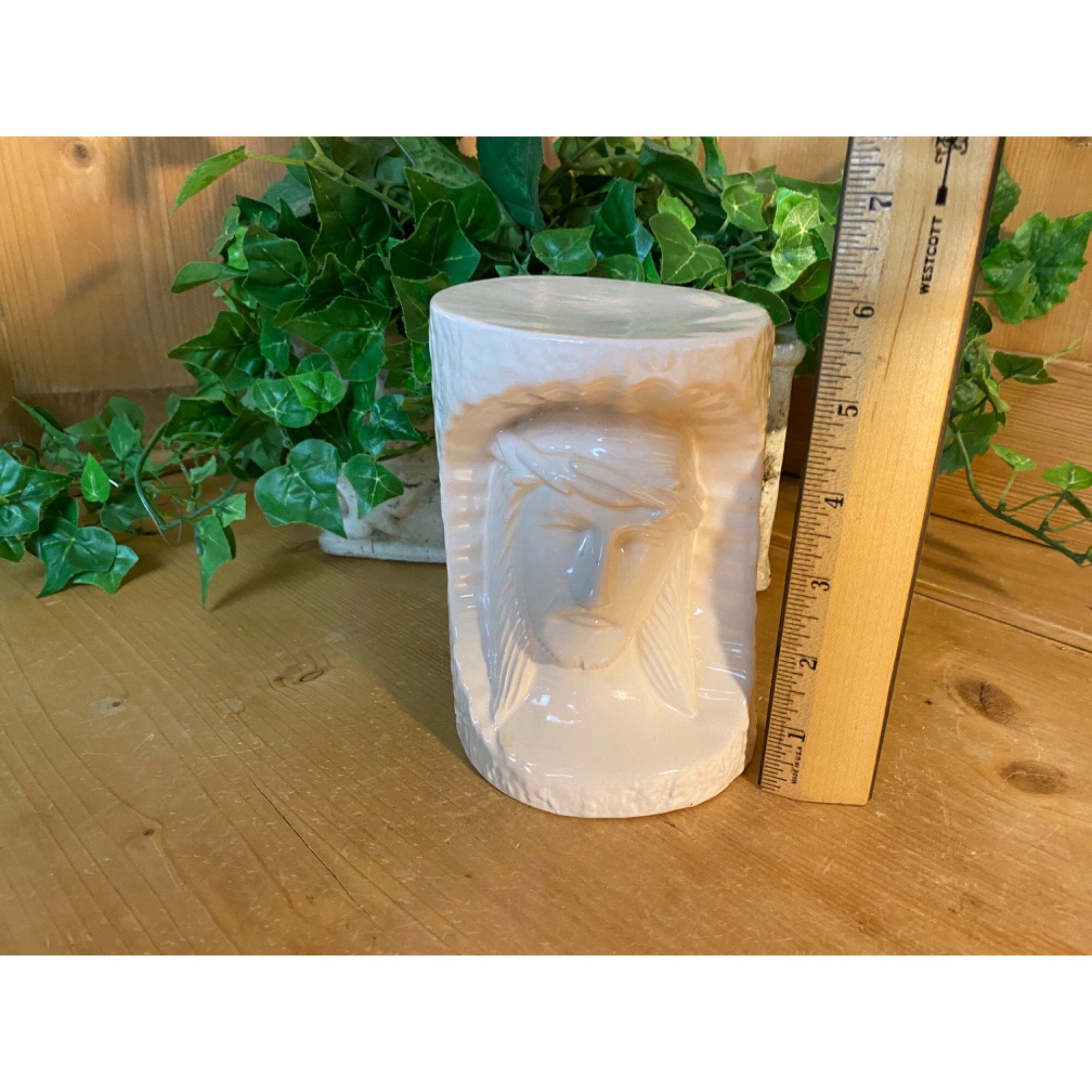 Vintage Jesus Face in Relief on Faux Log | Cream Glazed Ceramic Pottery ...