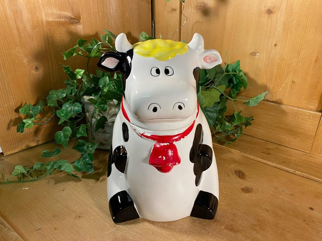 Vintage Whimsical Cow Cookie Jar Black White Cow With Red Collar and ...