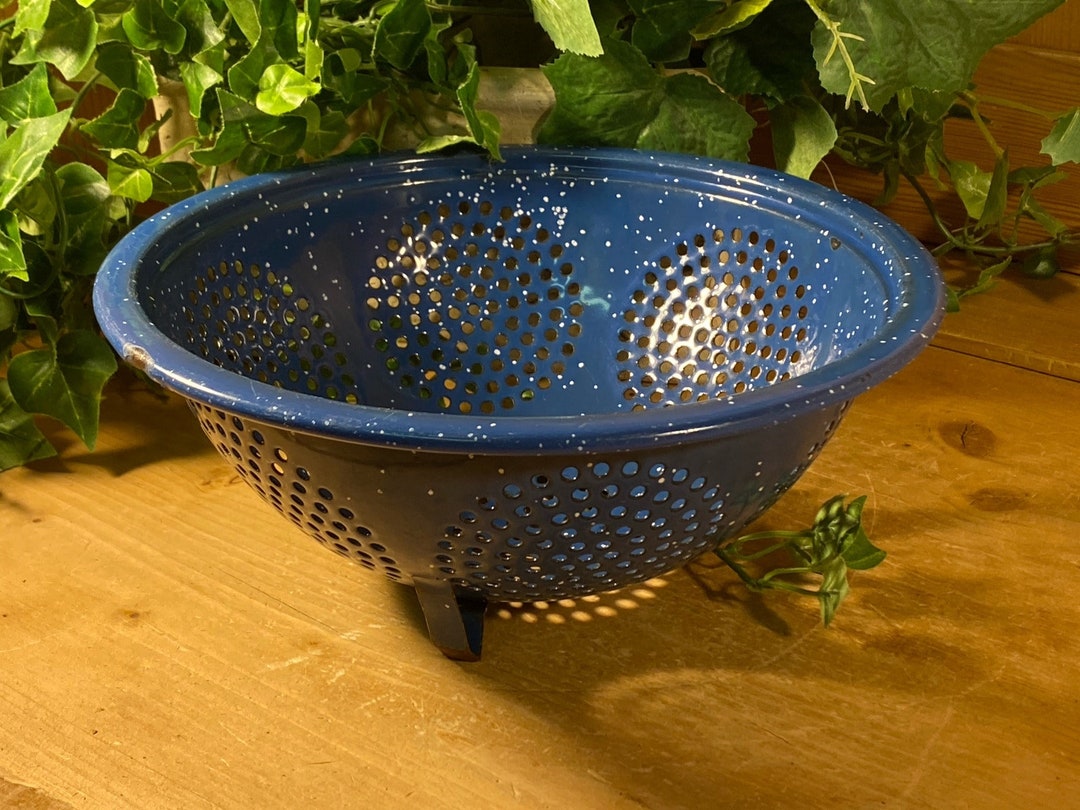 Vintage Blue Enamel Colander With Circles Footed Metal Strainer Rustic ...
