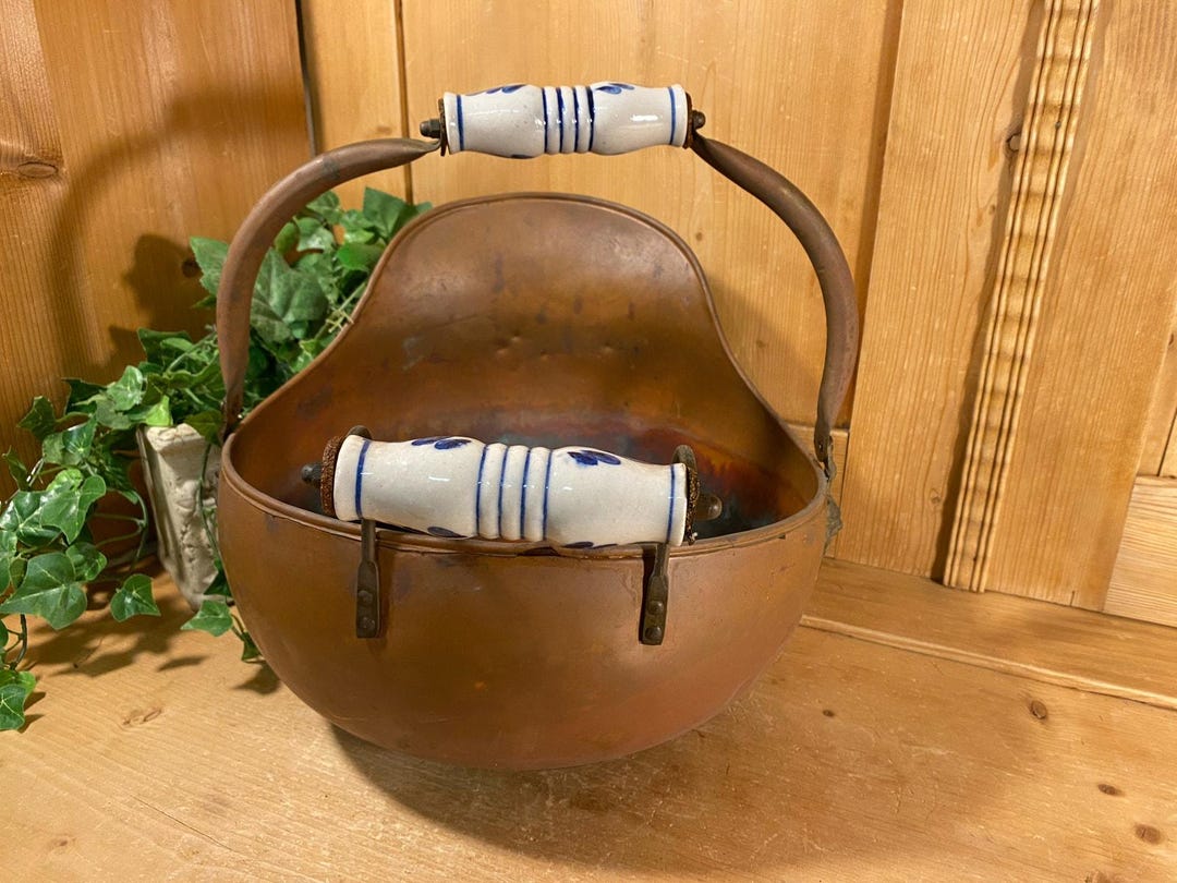 Vintage Copper Coal Scuttle Bucket With Blue/white Ceramic Handles ...