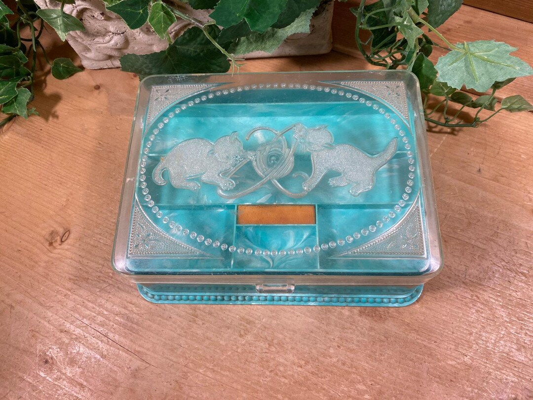 Vintage Blue Marbled Plastic Sewing Box With Hinged Top (broken Hinge ...