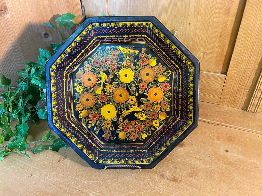 Vintage Mexican Handpainted Wooden Plate Olinala, Mexico Black Laquered ...