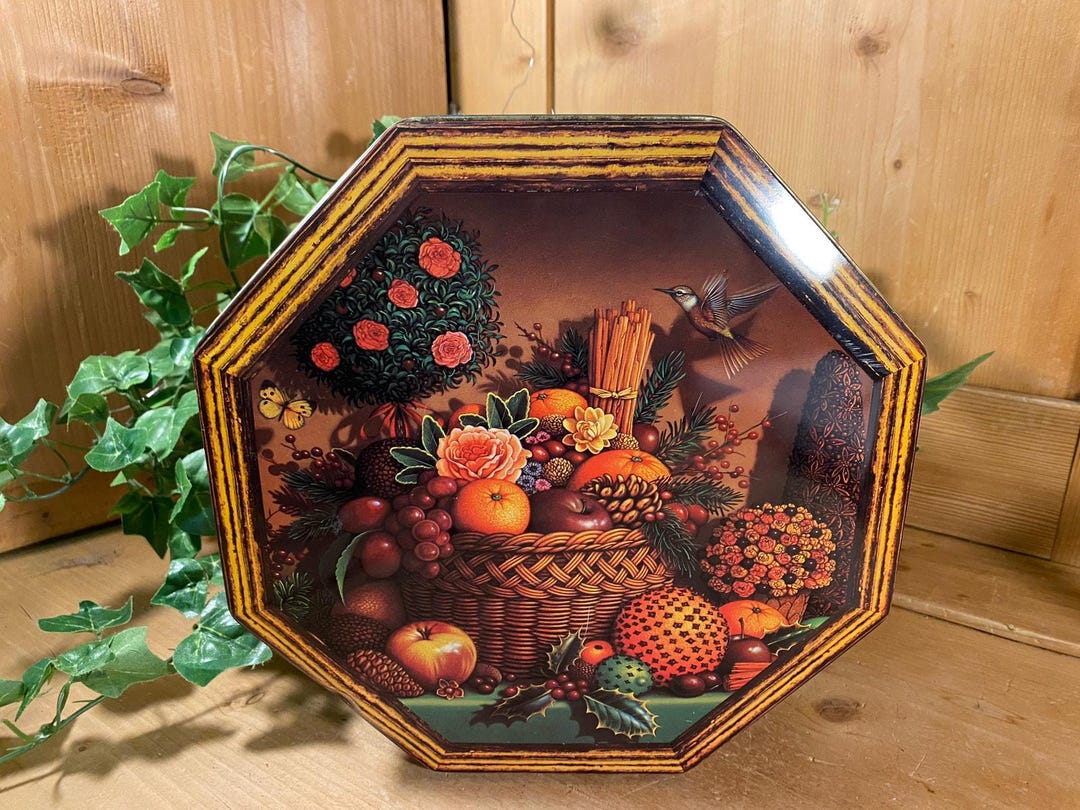 Vintage Fruit and Floral Harvest Tin Canister | Octagonal Holiday Tin ...