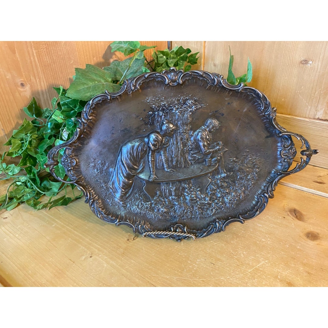 Vintage Metal Plated Suitor Scene Platter | Arts & Crafts | Molded ...