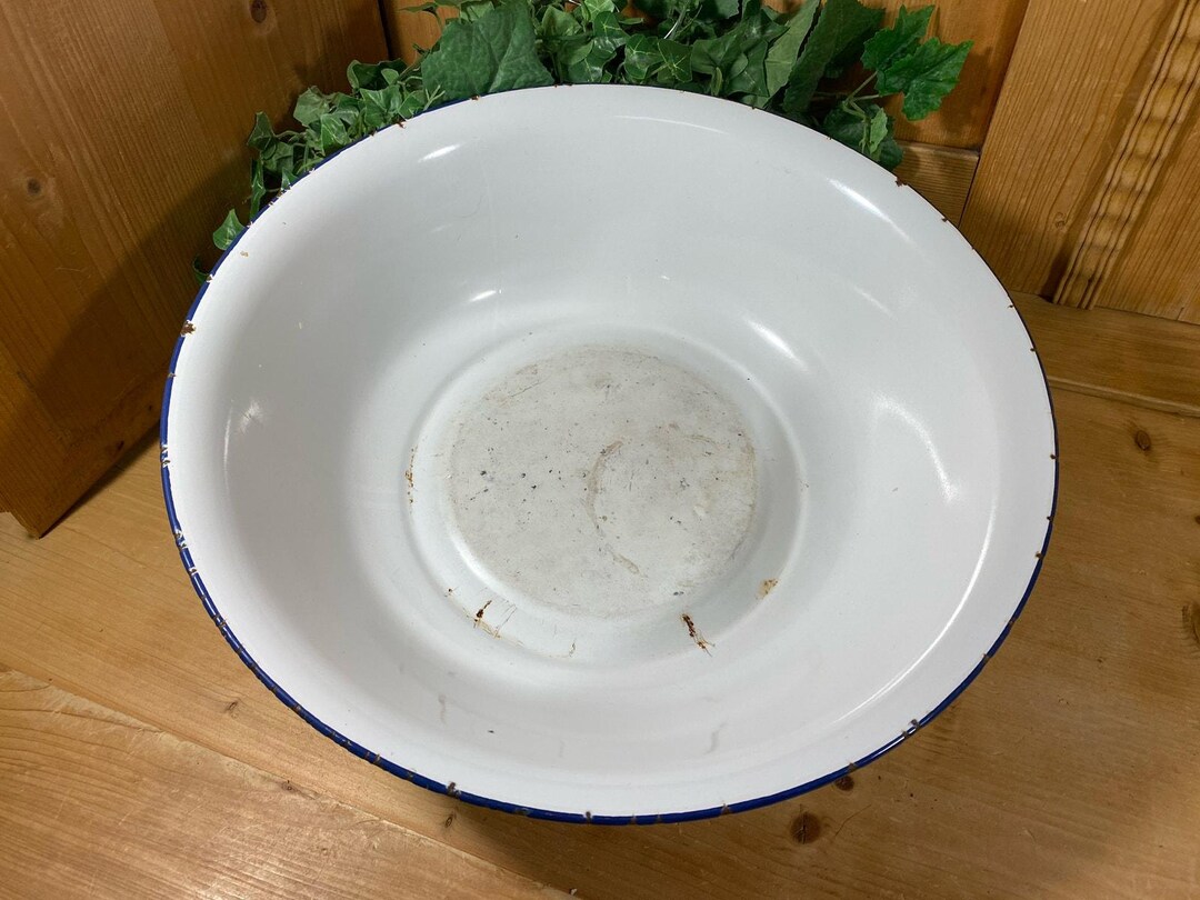 Vintage Large White Enamel Bowl With Blue Trim | Bumper Harvest | Big ...
