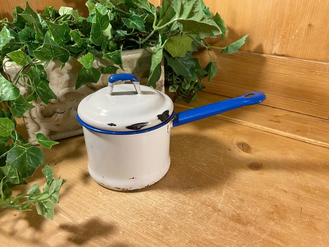 Vintage White and Blue Enamel Sauce Pan With Lid | White + Blue Enamel ...