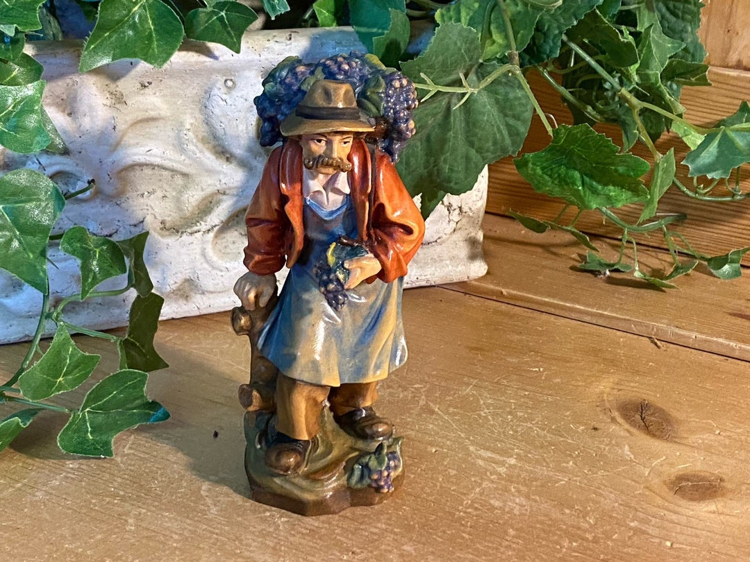 Vintage Carved Wood Figurine of a Man With Grapes | Italian Man With ...