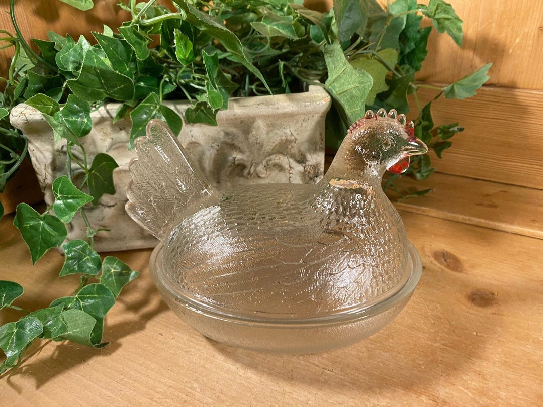 Vintage Clear Glass Hen on A Nest Covered Dish | Clear Glass Hen Bowl ...