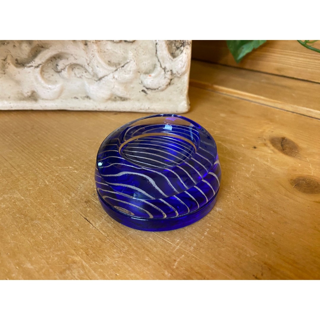 Vintage Cobalt Blue Striped Art Glass Paperweight Divet for Paperclips ...