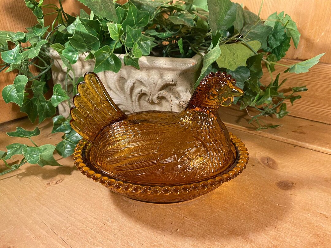 Vintage Amber Glass Hen on A Nest Covered Dish Amber Glass Hen Bowl ...