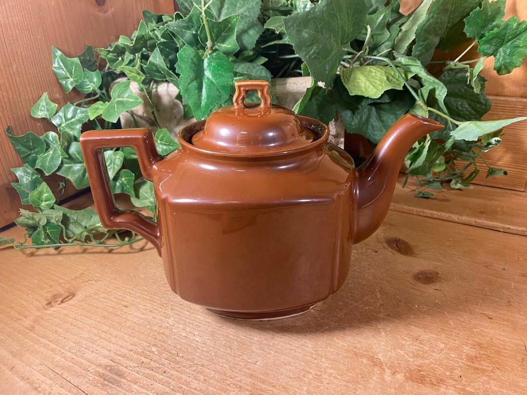 Vintage Square Brown Pottery Teapot With Lid | Brown Glazed Stoneware ...