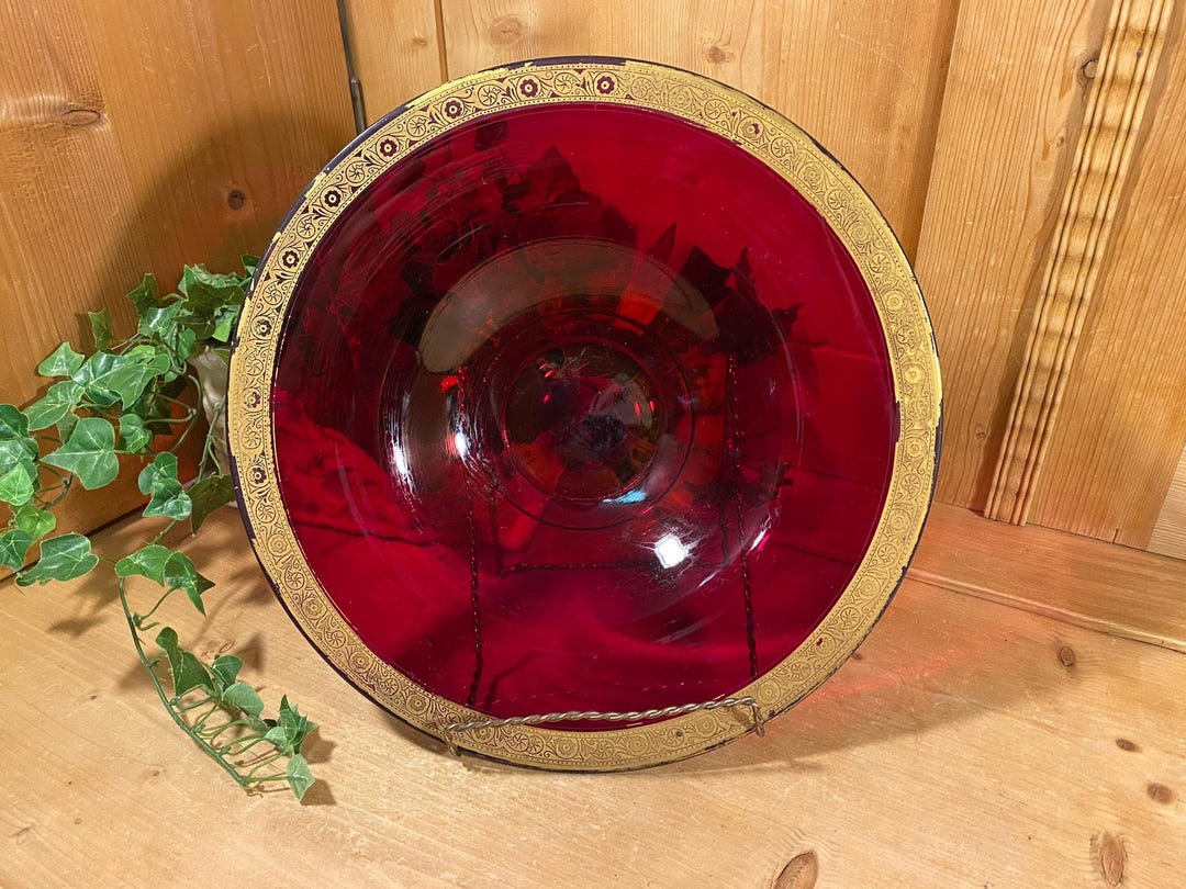 Vintage Red Glass Plate With Gold Trim | Ornate Red Glass Dish ...