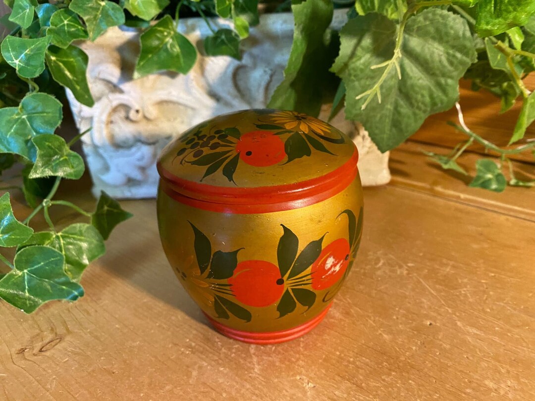 Vintage Painted Wooden Russian Tea Caddy Orange Red Gold Floral Round ...