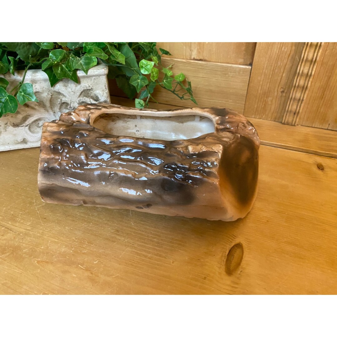 Vintage Log Shaped Pottery Planter | Brown Faux Wood Ceramic Pot ...